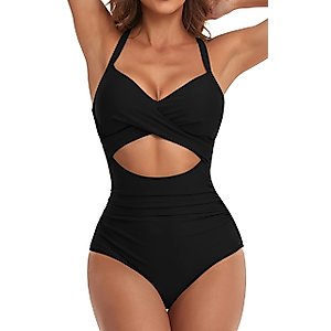 Eomenie Women's One Piece Swimsuits Tummy Control Cutout High Waisted Bathing Suit Wrap Tie Back 1 Piece Swimsuit Black