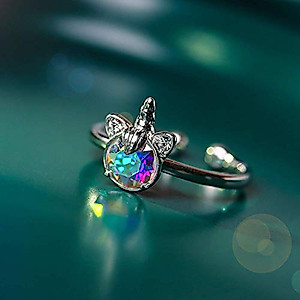 AOBOCO Sterling Silver Unicorn Ring, Aurore Boreale Crystal from Austria, Hypoallergenic Adjustable Open Ring, Anniversary Birthday Unicorn Jewelry Gifts for Women Daughter Girlfriend