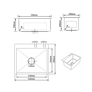 OUGOO 25 x 18inch Drop-in Tight Radius Black Stainless Steel Topmount Kitchen Sink Single Bowl