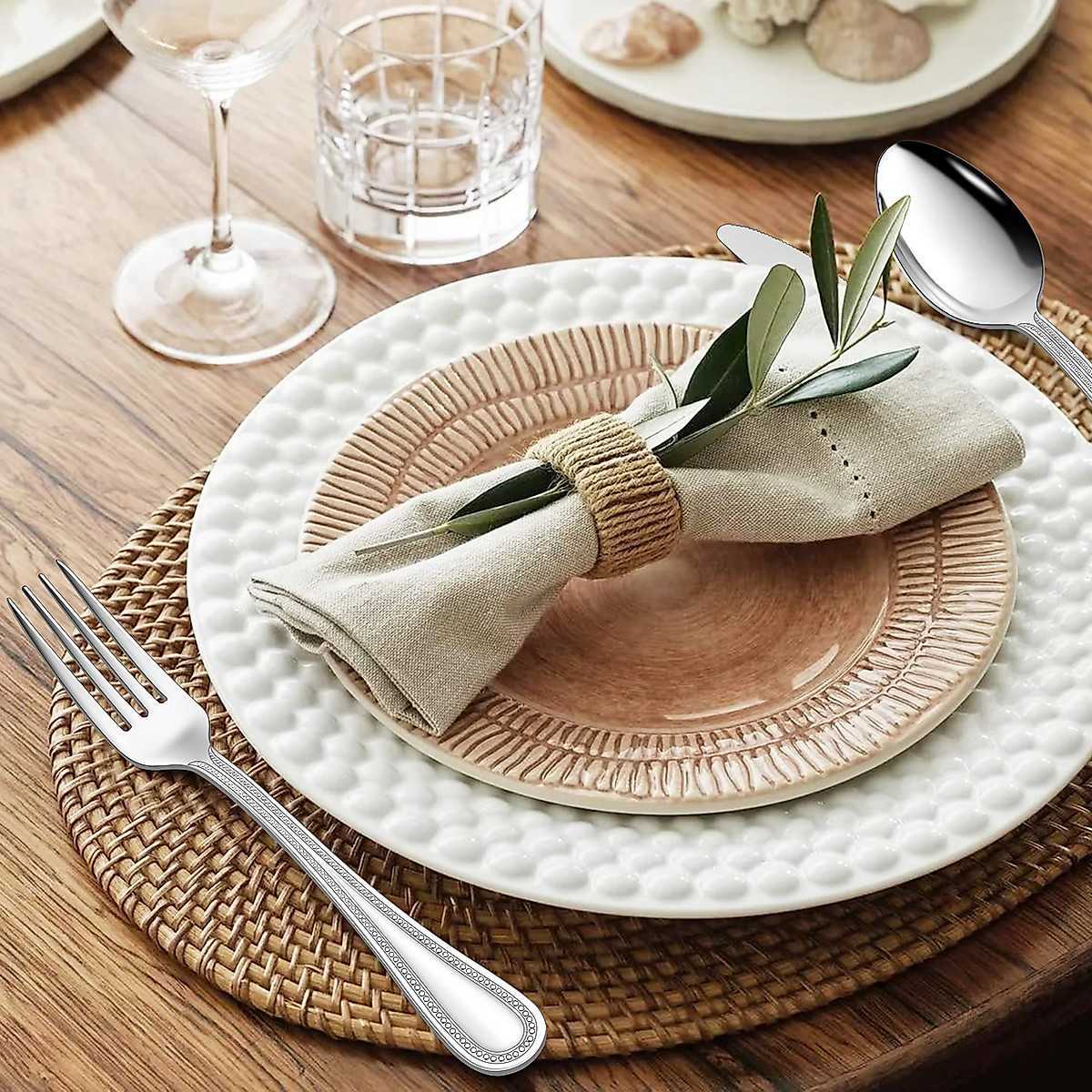 24PCS Forks and Spoons Silverware set, HaWare Stainless Steel Flatware with Pearled Edge for Home/Kitchen, Include 12 Dinner Forks(7.9 Inches) and 12 Dinner Spoons(7.9 Inches), Dishwasher Safe