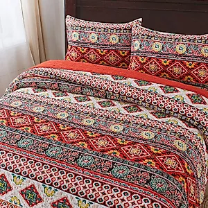 NEWLAKE Cotton Bedspread Quilt Sets-Reversible Patchwork Coverlet Set, European Boho Striped Pattern, Queen Size