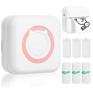 AURTEC Mini Thermal Printer, Portable Wireless Bluetooth Inkless Printer with 3 Rolls of Sticker and 3 Rolls of Thermal Paper, Compatible with Android/iOS, Pocket Printer for Memo, Photo and More Pink
