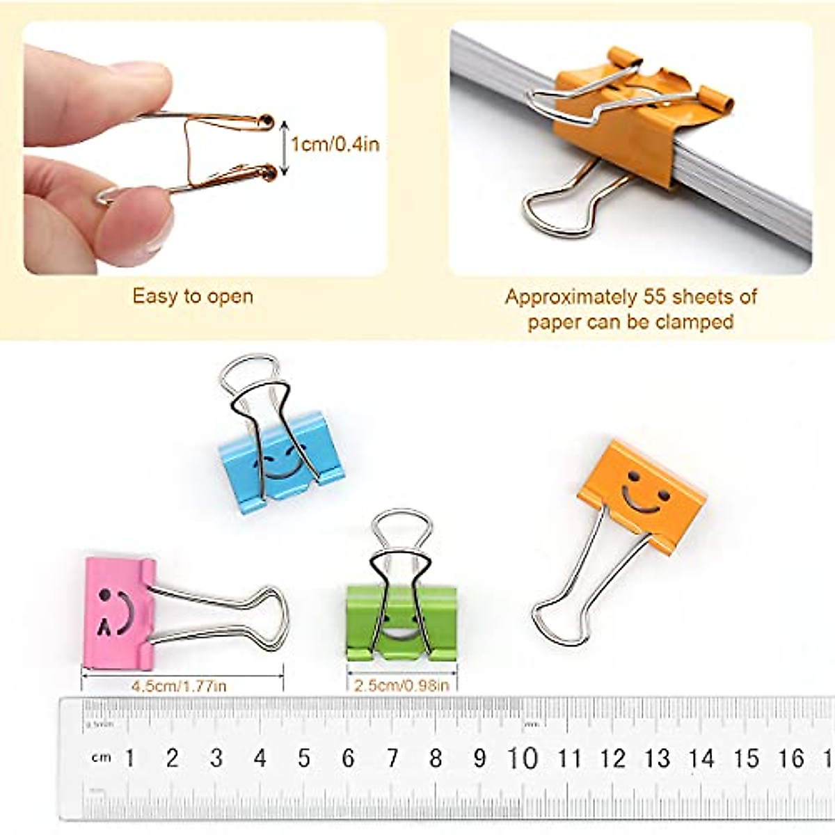 Coideal Colored Face Binder Paper Clips, 48 Pcs 1 Inch Medium Assorted Smile Bull Clip Clamps Multi Color Cute Hollow Smiling for Office (25mm)