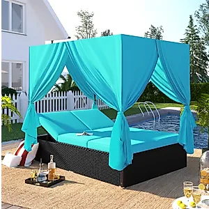 Merax Outdoor Patio Wicker Sunbed Daybed with Canopy, Overhead Curtains, Cushions, Lounge Chairs with Adjustable Seats, Blue