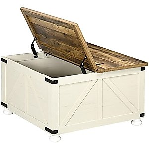 HOMCOM Farmhouse Coffee Table, Square Coffee Table with Storage for Living Room, Center Table with Hinged Flip Lift Top and Hidden Space, Antique White
