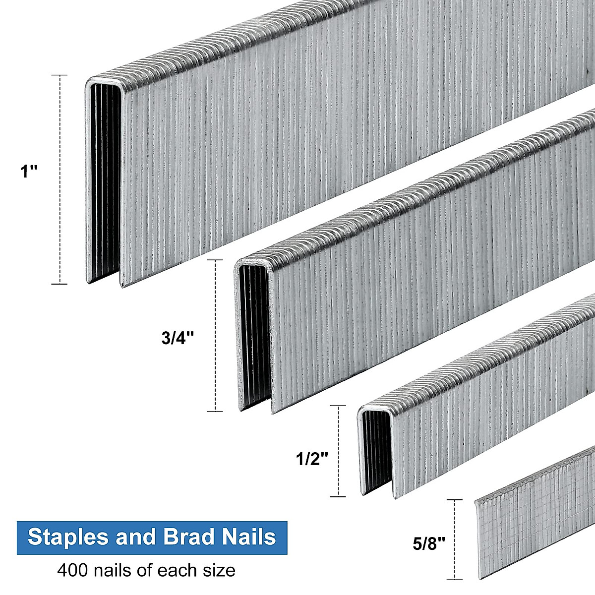SITLDY 18 Gauge 1600-Count, 1/4 Inch Narrow Crown Staples (1/2"+3/4"+1") and Brad Nails (5/8"), 400 per Size, Galvanized
