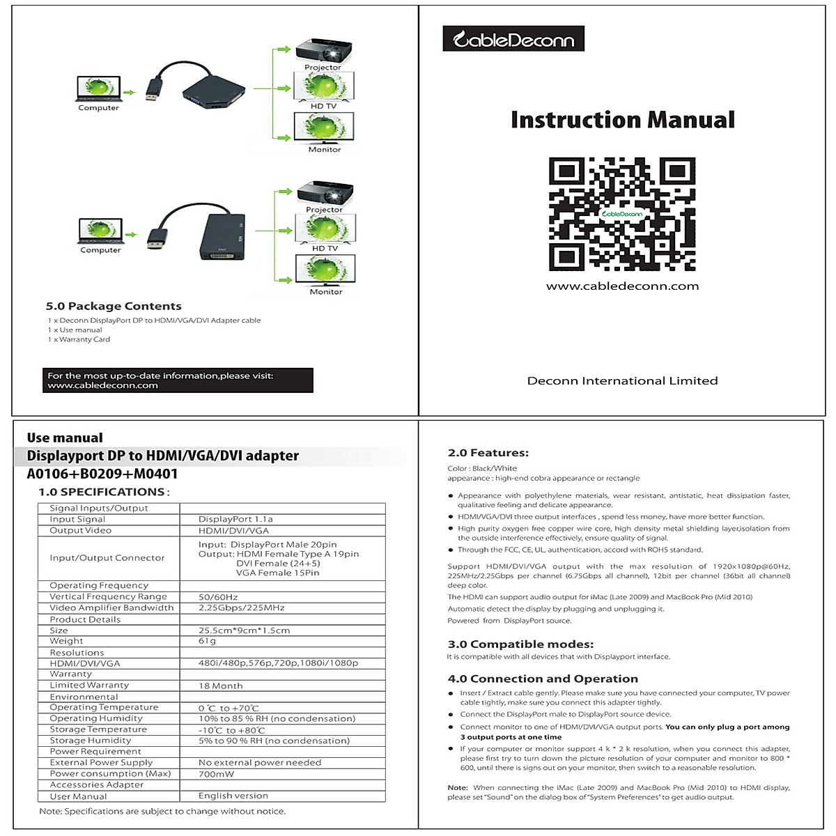 CABLEDECONN Multi-Function Big DisplayPort DP2 to HDMI VGA DVI Cable Converter Adapter