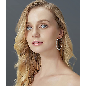 Hoop Earrings 925 Sterling Silver Post for Women 18K White Gold Plated Lightweight Hypoallergenic Diamond Cut Textured Round Hoop Earrings Thin Large Hoops Loop Earrings Size 50mm