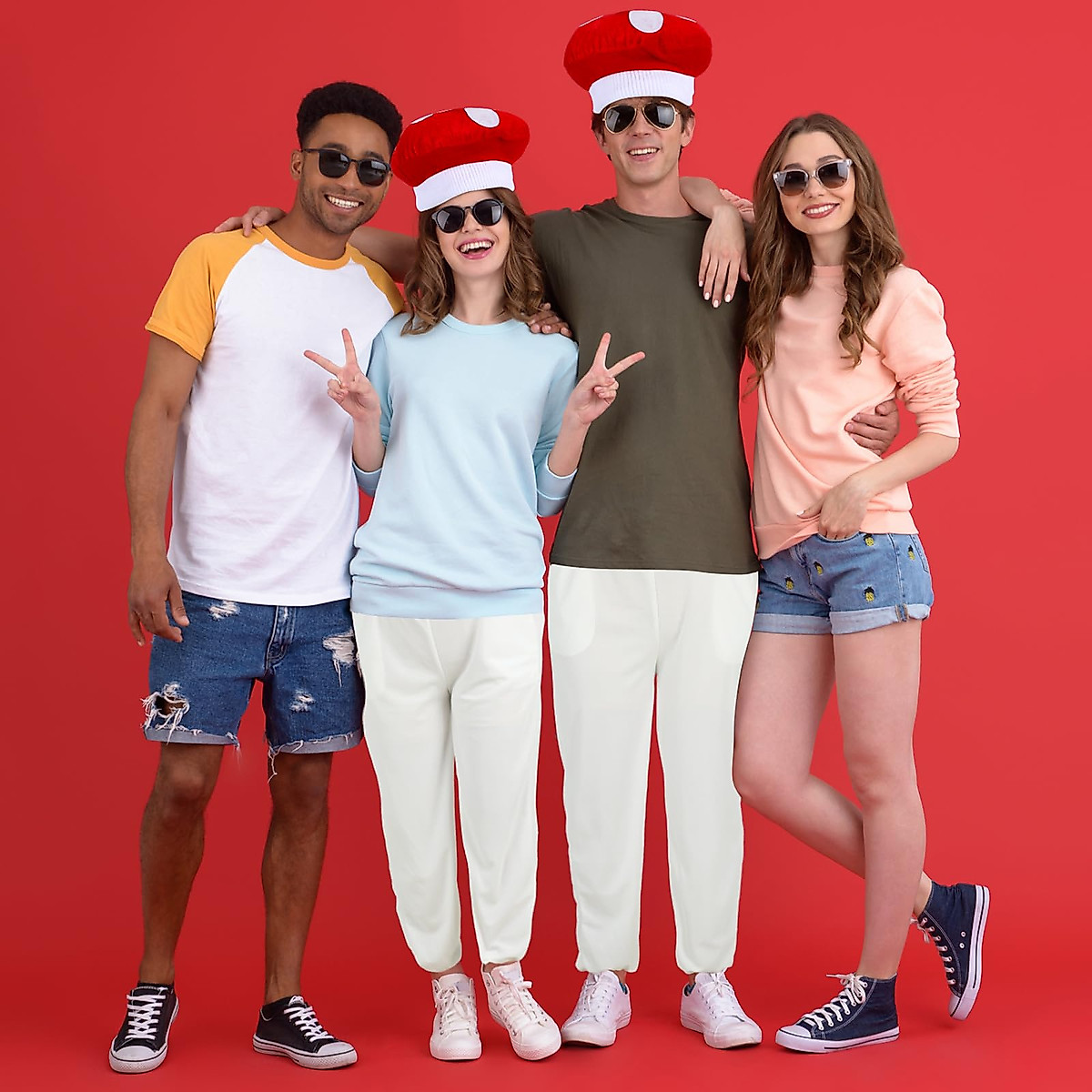 Suhine 2 Pcs Boys Deluxe Costume Accessory Set Red and White Spotted Mushroom Hat White Pants Brothers Mushroom Costume Outfits for Halloween Brother Game Character Dress up Supply