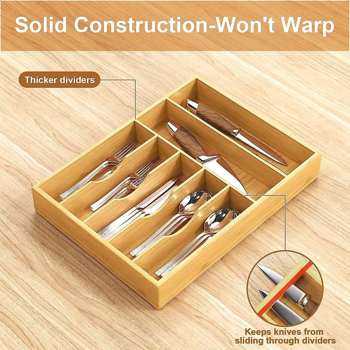 NIKUY Kitchen Bamboo Drawer Organizer - 13 Inch Silverware Utensil Tray Holder with Extra Deep Grooved Drawer Divider - 7 Slots Total Bamboo Wood Caddy for Flatware Cutlery Knives, Forks, Spoons
