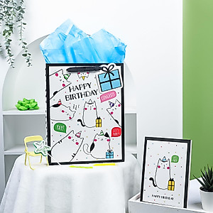 WRAPAHOLIC 13" Large Birthday Gift Bag with Card and Tissue Paper - Adorable Cat Design Happy Birthday
