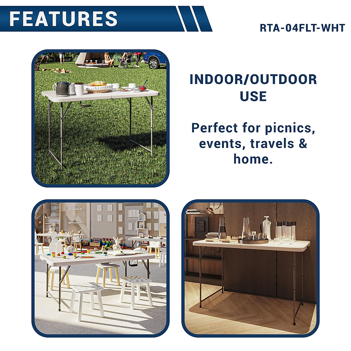 Techni Home Height Adjustable 4 FT Granite White Folding Table – Premium 4 Foot Folding Table Ideal for Camping, Picnic, Party or as Kids Table