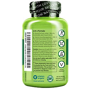 NATURELO Vegan K2+D3 - Plant Based D3 from Lichen - Natural D3 Supplement for Immune System, Bone Support, Joint Health - Whole Food - Vegan - Non-GMO - Gluten Free (60 Count (Pack of 1))
