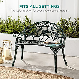 Best Choice Products Outdoor Bench Steel Garden Patio Porch Loveseat Furniture for Lawn, Park, Deck Seating w/Floral Rose Accent, Antique Finish - Black/Green