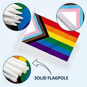 Anley Progress Rainbow Pride Mini Flag 12 Pack - Hand Held Small Miniature Rainbow Transgender Flags on Stick - Fade Resistant & Vivid Colors - 5x8 Inch with Solid Pole & Spear Top