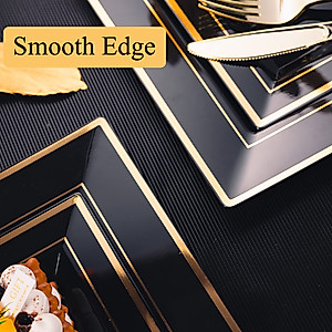 N9R 60 Pack Black Square Plastic Plates with Gold Rim Include 30 Disposable Dinner Plates 9.5 Inch and 30 Dessert Plates 6.5 Inch, Fancy Plates for Party, Wedding, Halloween and Daily Use