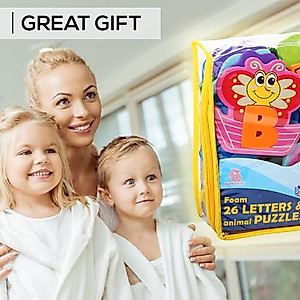 Bath Foam Alphabet Letters Toys - Non-Toxic Bathtub ABC Letters for Kids Toddlers - Premium Educational Floating Animals Puzzles with Toy Organizer for Baby Boys Girls - Set of 52 Pcs