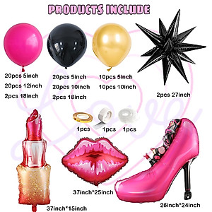 Hot Pink Black Metallic Gold Balloon Garland kit with High Heels Balloons, Red Lips, Lipstick Foil balloons For Princess Themed Birthday Decoration Makeup Party Bachelor Party Supplies