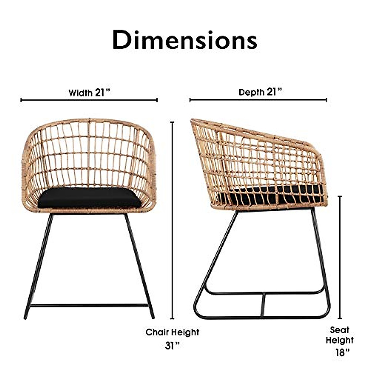 Tommy Hilfiger Graham Rattan Dining Chair, Woven Wicker Armchair with Seat Cushion Black Durable Metal Legs, Boho Modern Accent Lounge Furniture, Natural