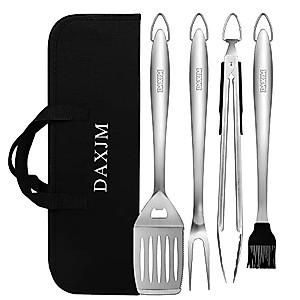 DAXJM Barbecue Tool Sets 4Pcs, Premium Stainless Steel BBQ Tongs, Spatula, Fork and Brush Grill Accessories Kit for Indoor Outdoor BBQ
