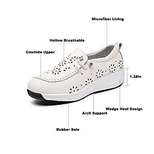 Women's Flower Shaped Cutout Leather Sneakers with Arch Support,Thick Sole Wedge Soft Elastic Comfortable Slip-On Loafers Casual Walking Shoes (Grey,7.5)