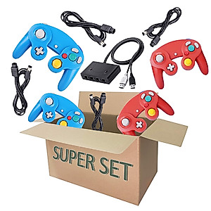 Edorco 4 Pack Gamecube Controller Bundle with 4 Extension Cords and a 4-Port Adapter for Nintendo Wii U/Switch/PC(Red and Blue)