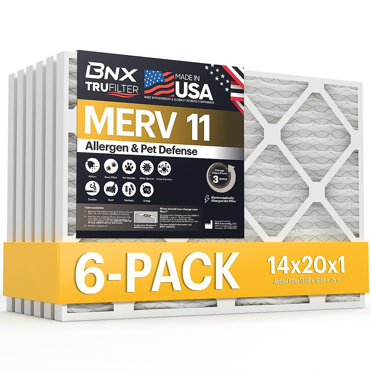 BNX TruFilter 14x20x1 Air Filter MERV 11 (6-Pack) - MADE IN USA - Allergen Defense Electrostatic Pleated Air Conditioner HVAC AC Furnace Filters for Allergies, Dust, Pet, Smoke, Allergy MPR 1200 FPR 7
