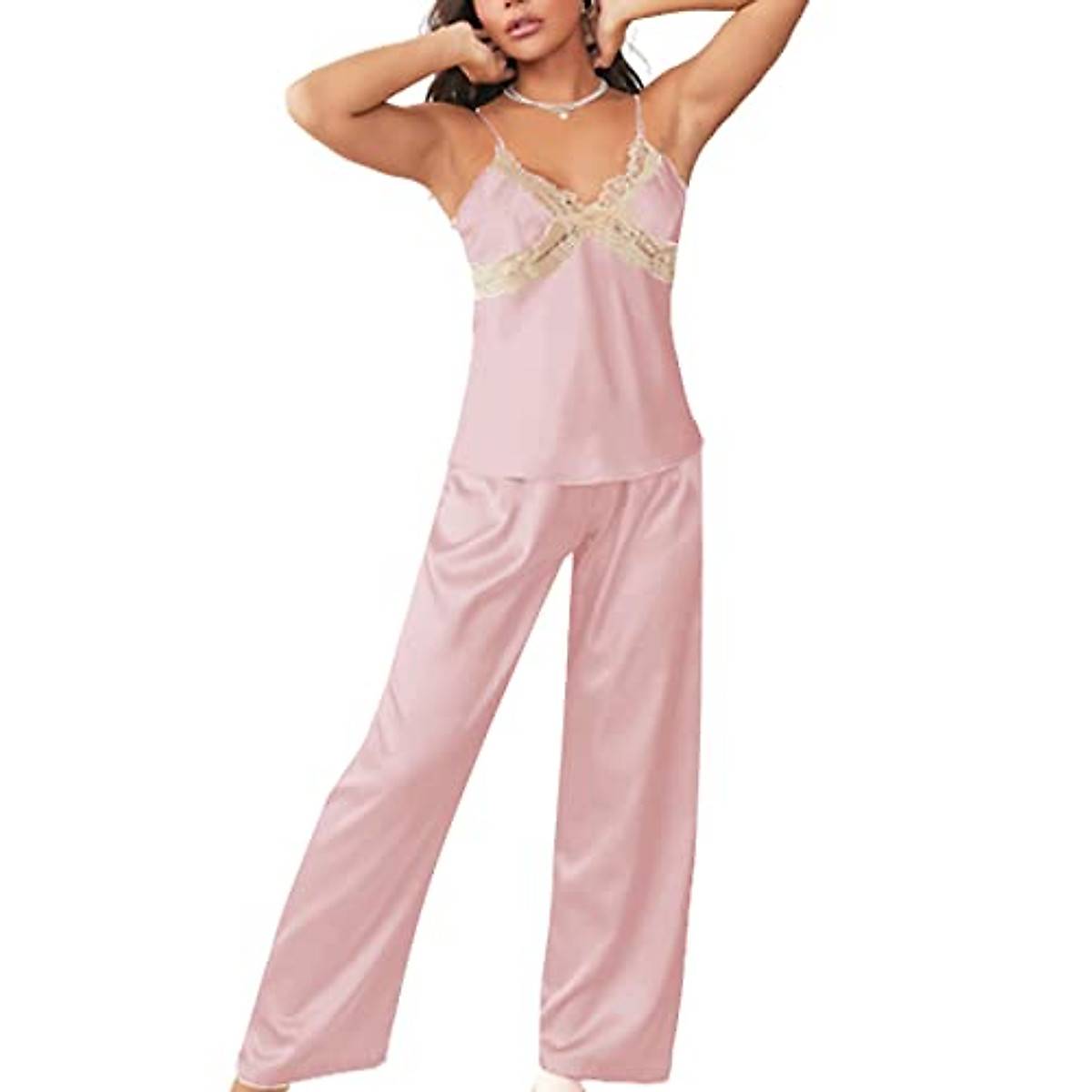 LYANER Women's Satin Silk Pajamas Set V Neck lace Trim Cami Top and Pants Sleepwear Pjs Set Pink Medium