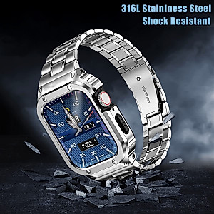 MioHHR Stainless Steel Watch Band with Case Compatible with Apple Watch Series 9/8/7(45mm),Rugged Strap with Metal Protective Bumper Cover for iWatch Band Men(Silver)