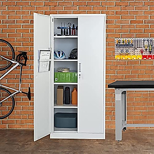 iJINGUR Metal Storage Cabinet with Locking Doors and Shelves for Garage Home Office, Lockable Tall Steel Storage Cabinets with Lock, Tool Holder and File Organizer Pocket Included (White)
