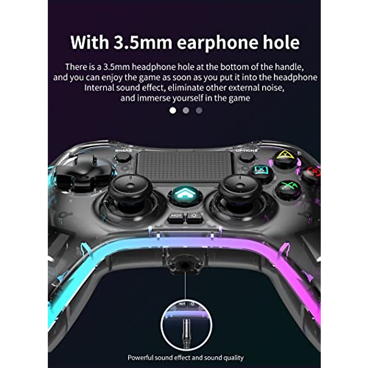 ROTOMOON Clear Wireless Controller with 8 Color Adjustable LED Lighting Compatible with PS4 Pro/PS4 Slim/PS4 Controller, with Headphone Jack for PS4 Dualshock 4 Game