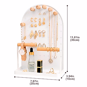 ProCase Cute Jewelry Organizer Stand Earring Holder Organizer for Dorm, Aesthetic Necklace Stand with 6 Removable Wood Hooks, Small Jewelry Display Rack with Bottom Tray for Bracelets Rings -White