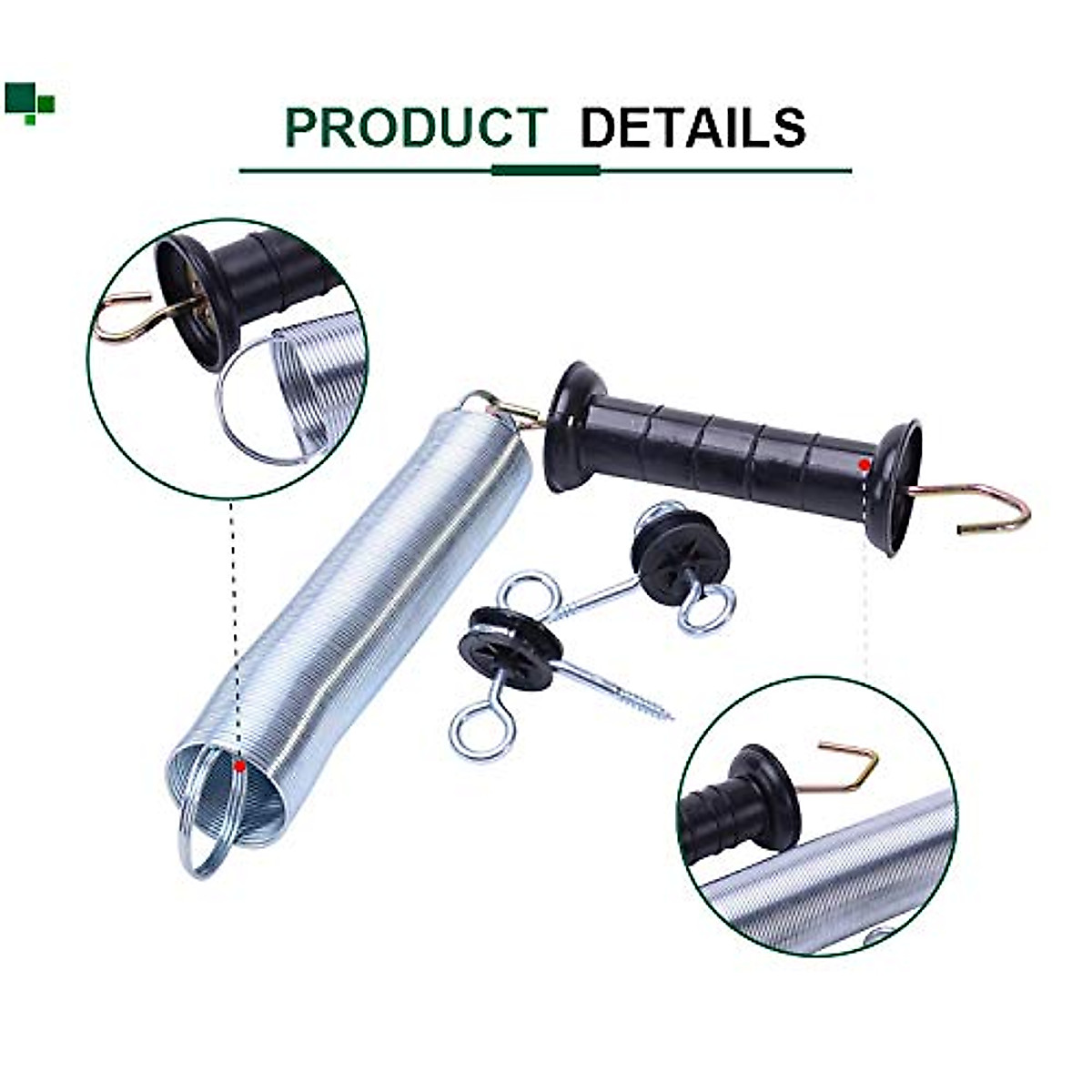 QMARK Electric Fence Gate Kit, Electric Fence Handle Set, Spring Gate Handle Set with 16 feet Tension Spring 2 Corner Ends 1 Black Handle(2 Pack)