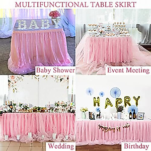 Pink Tulle Table Skirt for Rectangle Tables or Round 9ft Pink Tutu Table Skirts Tablecloth for Birthday Party Wedding Girl Baby Shower Cake Dessert Banquet Table Decorations