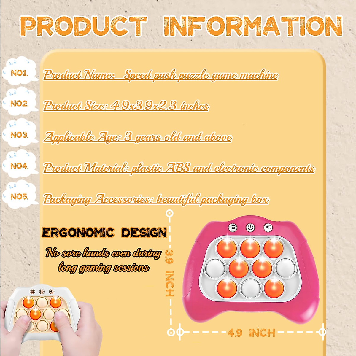 2 Pc New Speed Push Handheld Game Machine-Fidget Console,Quick Push Light Up Pop Game for Adults and Kids,Music Whack A Mole Stress Relief Fidget Toys,Squeeze Poppet Sensory Push Pop Bubble Toy (PB)