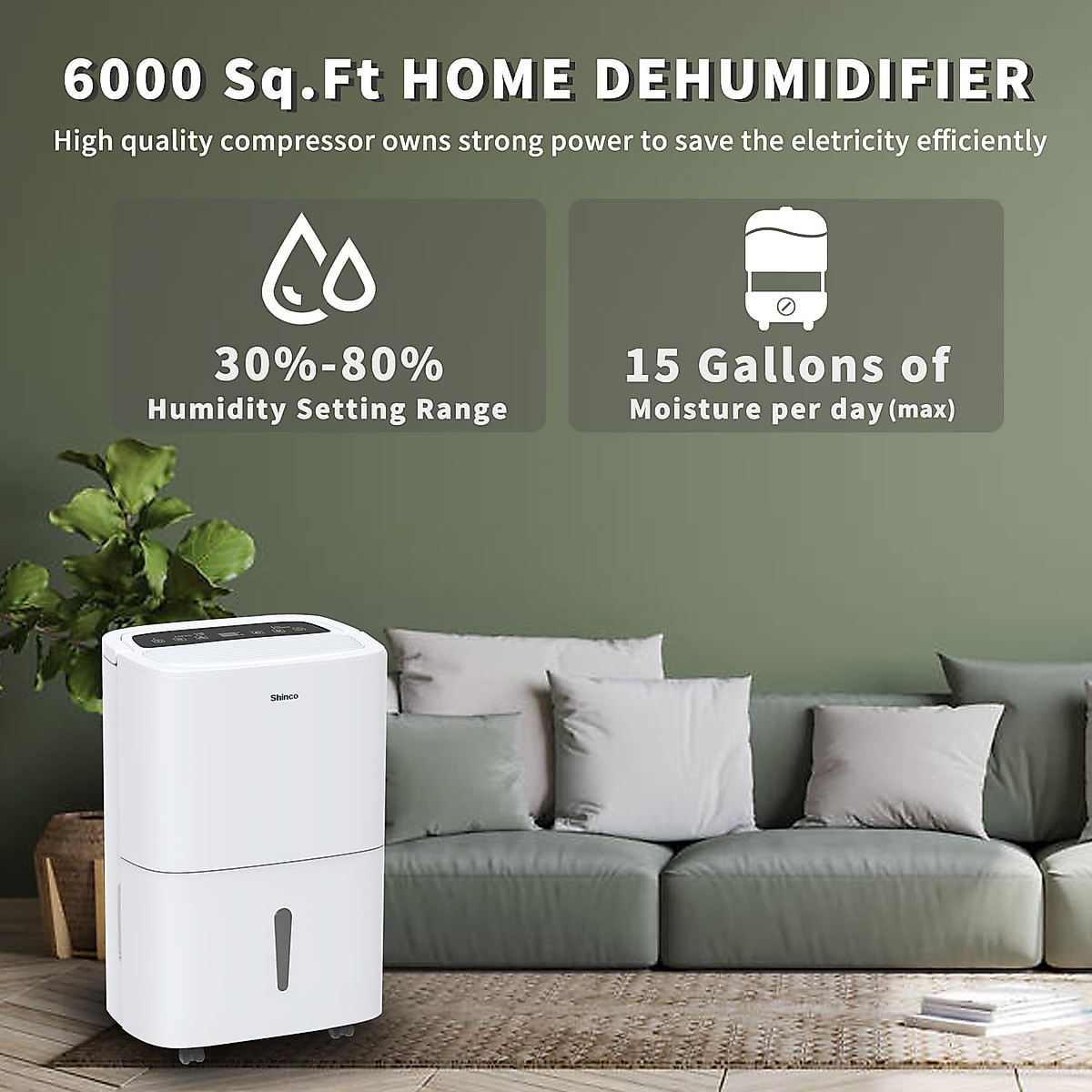 Shinco 6,000 Sq.Ft Energy Star Dehumidifier, Ideal for Large Rooms and Home Basements, Efficient Moisture Removal with Adjustable Humidity Control, 1.32 Gallons Water Tank
