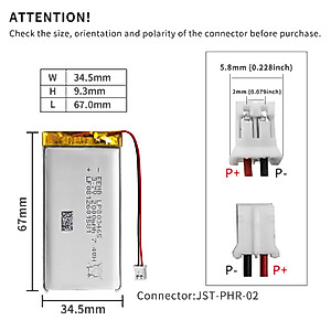 EEMB Lithium Polymer Battery 3.7V 2000mAh 803465 Lipo Rechargeable Battery Pack with Wire JST Connector for Speaker and Wireless Device- Confirm Device & Connector Polarity Before Purchase