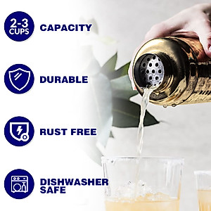 Large 24oz Cocktail Shaker Set, Stainless Steel 18/8 Martini Mixer Shaker with Built-in Strainer, Measuring Jigger & Mixing Spoon, Martini Shaker Set, Perfect for Bartender and Home Use, Gold