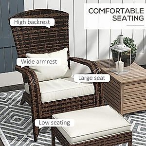 Outsunny Patio Wicker Adirondack Chair with Ottoman, Outdoor Fire Pit Chair with Cushions, High-Back, Large Seat & Armrests for Deck, Garden & Backyard, Cream White