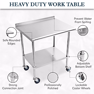 PALCHIO Stainless Steel Prep Table for Kitchen 30x24x34 - Food Prep Station with Backsplash, Shelf on Wheels for Commercial or Home Kitchen - Hotel, Restaurant Equipment with Cutting Board, Towel