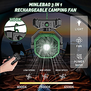 Minlebao Portable Camping Fan with LED Lantern,20000mAh Battery Operated,7-In Rechargeable Fan,Remote Control & Strong Hook & Rotate Head,8 Adjustable Speed, Tent FanTable Fan for Camping Fishing