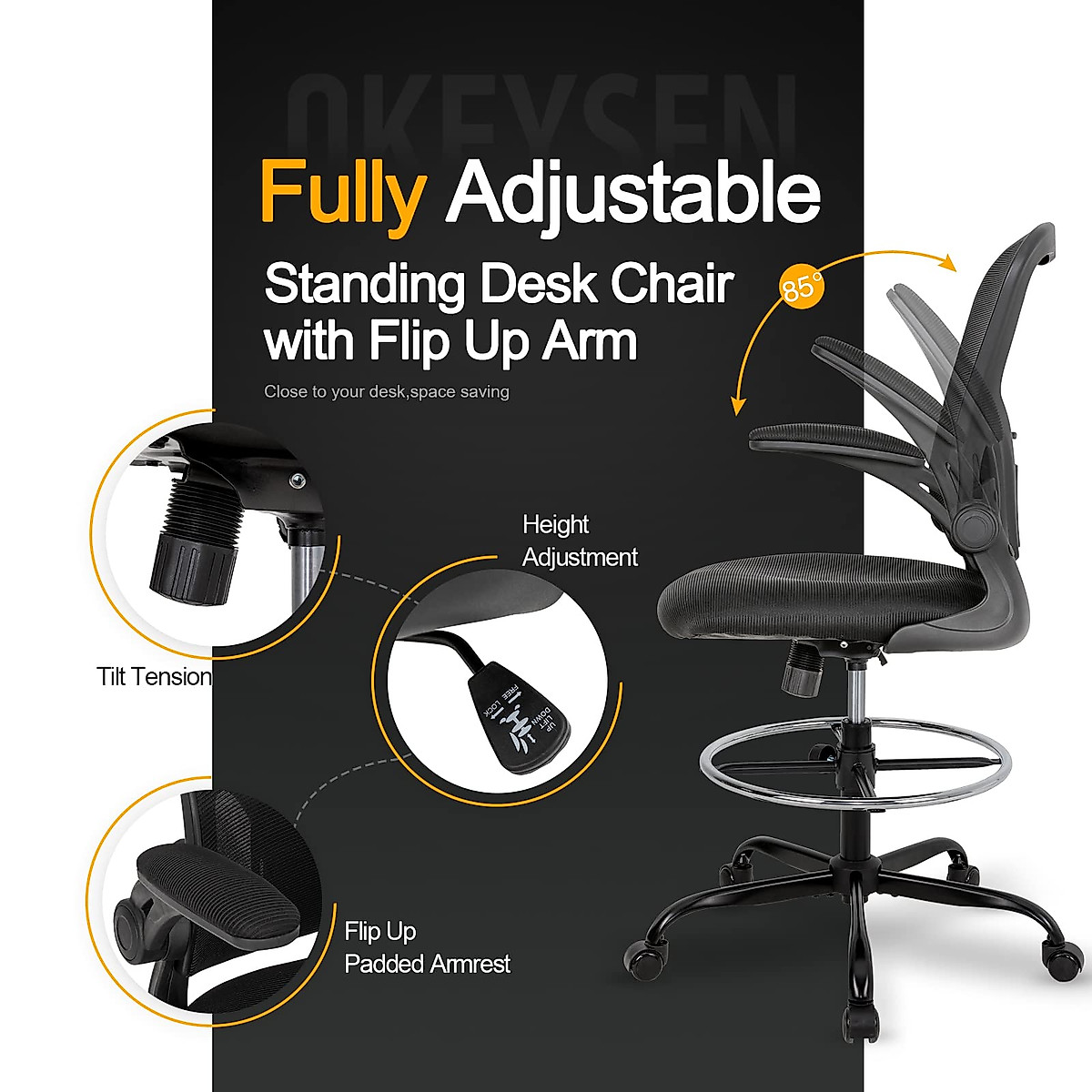 Drafting Chair Tall Office Chair, Standing Desk Chair 3.9'' Cushion, Ergonomic Mesh Computer Chair with Adjustable Foot Ring & Flip-Up Arm, Executive Rolling Swivel Stool for Office & Home. (Black)