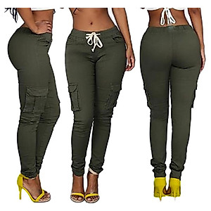 Andongnywell Womens Casual Stretch Drawstring Skinny Pants Cargo Jogger Pants High Waist Tie Butt Lift Pant with Pockets (White,X-Large)