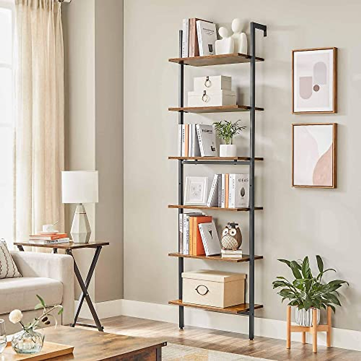 VASAGLE Industrial Ladder Shelf, 6-Tier Bookshelf, Wall Shelf for Living Room, Office, Kitchen, Bedroom, 23.6 x 11.8 x 80.6 Inches, Rustic Brown and Black ULLS103B01