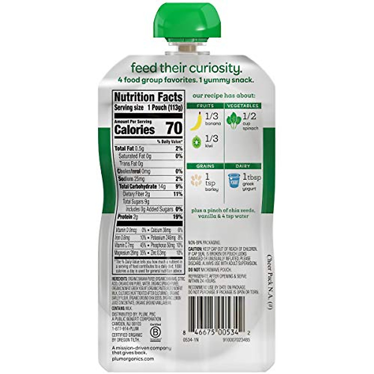 Plum Organics Mighty 4, Organic Toddler Food, Banana, Kiwi, Spinach, Greek Yogurt & Barley, 4 oz Pouch (Pack of 6)