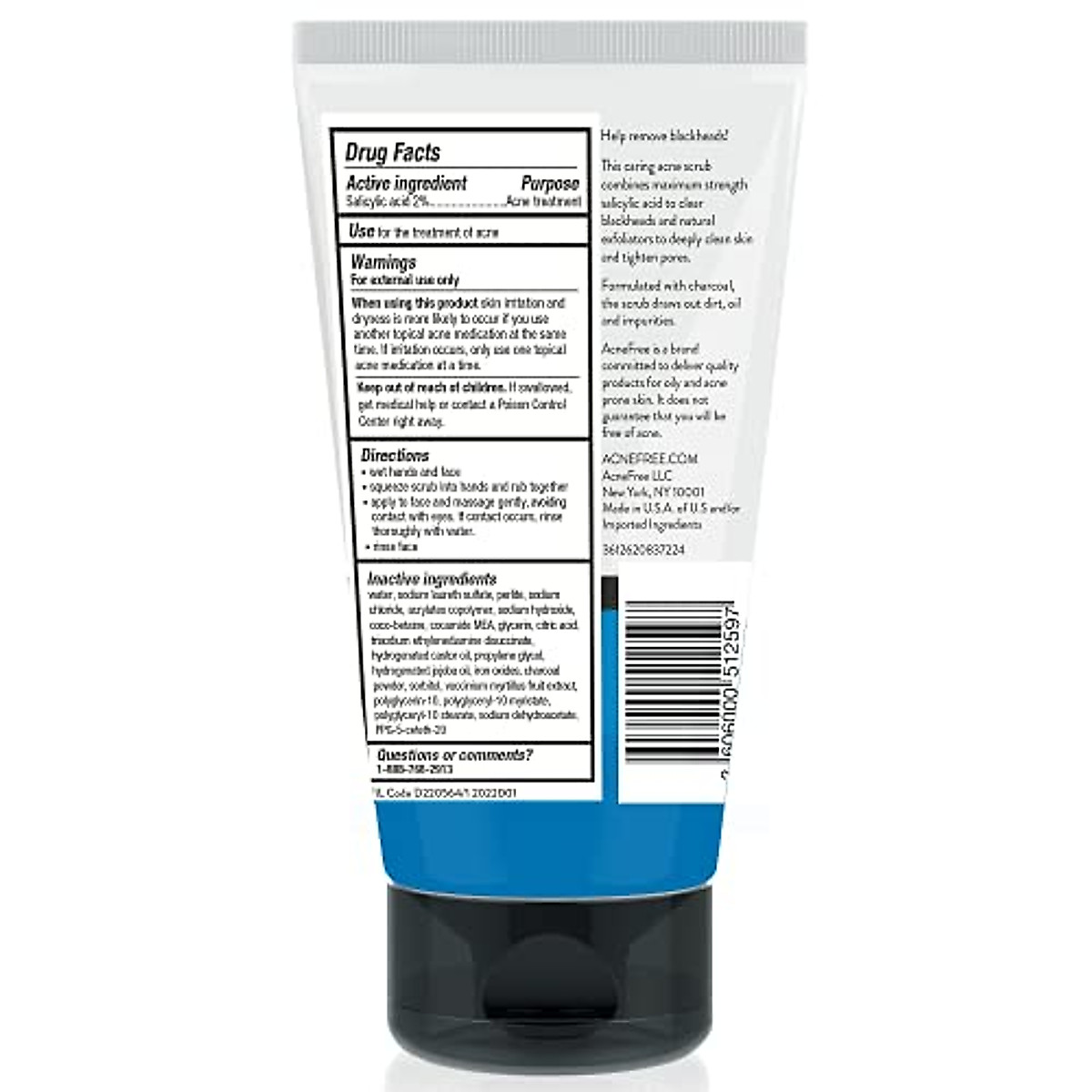 Acne Free Blackhead Removing Exfoliating Face Scrub with 2% Salicylic Acid and Charcoal Jojoba, 5 Ounce