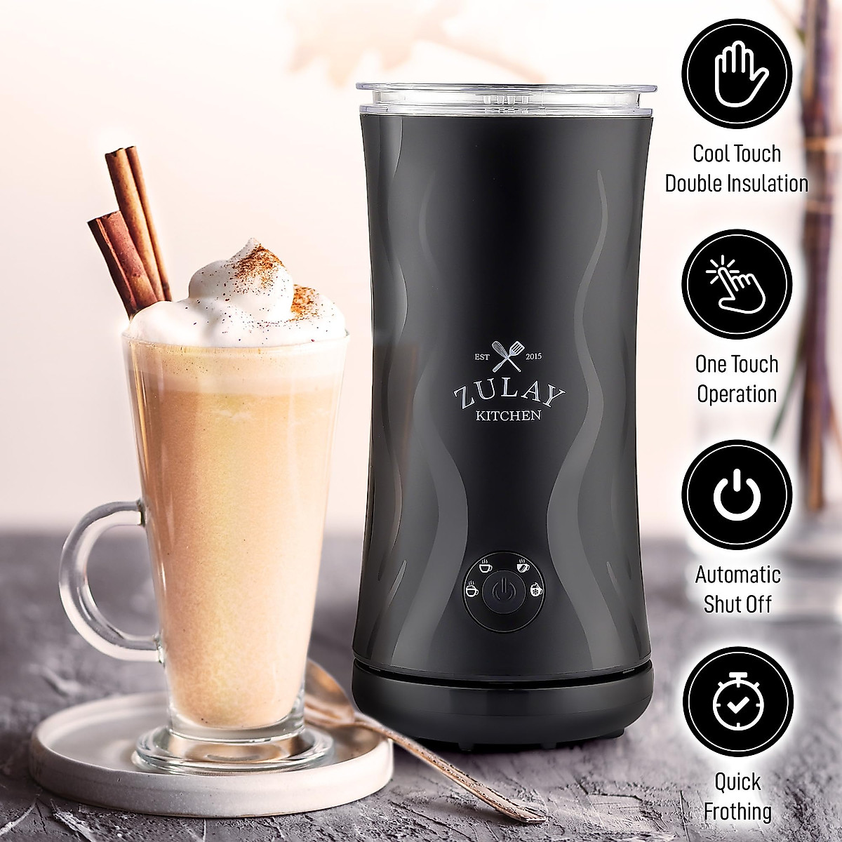 Zulay 4-in-1 Milk Frother and Steamer - Automatic Hot and Cold Foam Maker with Auto Shut Off & Temperature Control for Coffee, Latte, Cappuccino, Hot Chocolate - Black
