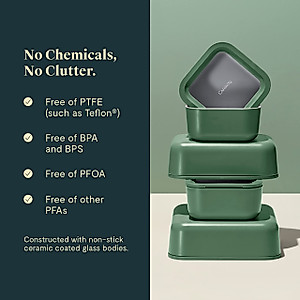 Caraway Glass Food Storage, 10 Cup Glass Container,Ceramic Coated Food Container,Easy to Store, Non Toxic, Non Stick Lunch Box Container with Glass Lids. Dishwasher, Oven,Square Shape,Sage