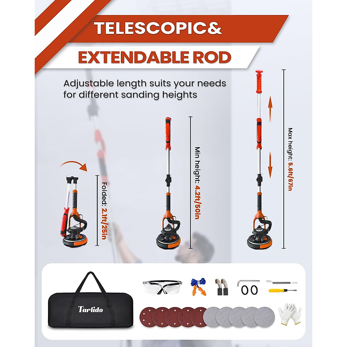 Tarlido Drywall Sander, 750W Electric Drywall Sander with Vacuum Dust Collection, 5 Variable Speed 900-1800RPM with LED Light, Foldable Handle, Sanding Discs & Grids for Sanding Floor, Popcorn Ceiling