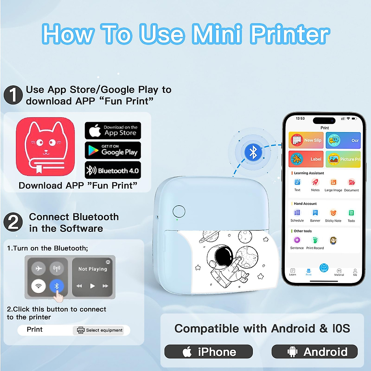 Mini Printer Sticker Printer Print Pod with 6 Rolls Sticker Paper, Seven Color Lighting Modes for DIY Scrapbook, Travel, Notes, Label, Memo, Compatible with iOS&Android